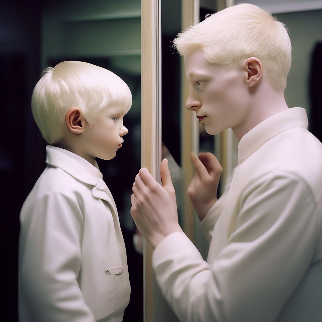 "An albino adult man sees an albino boy in the mirror, hyperrealism ...