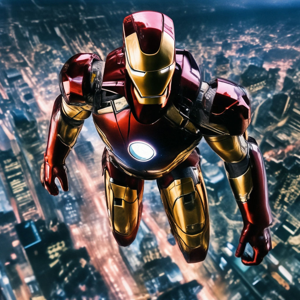 "Iron man over Night City, Marvel" — image created in Shedevrum