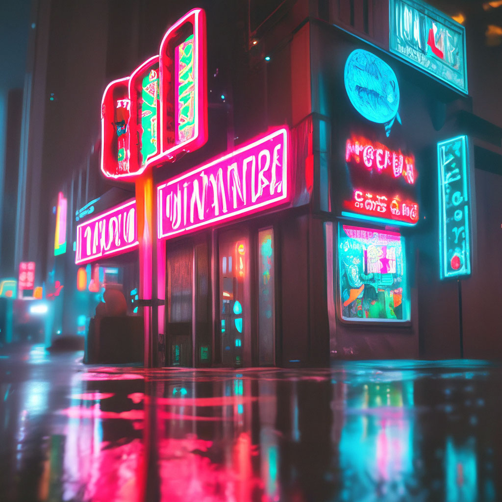 "Neon sign in the rain" — image created in Shedevrum