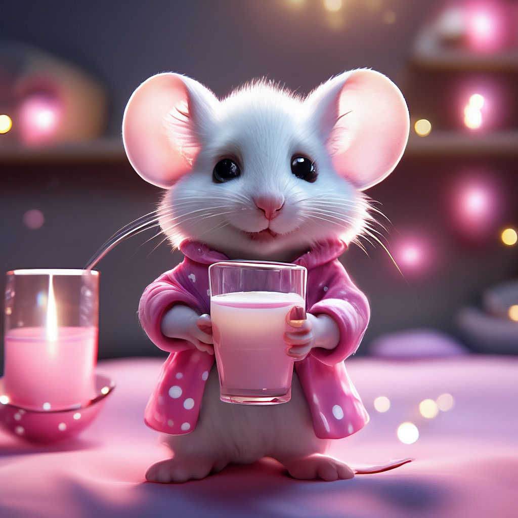 "Cute creep white mouse in pink pajamas holds a glass of milk in its ...