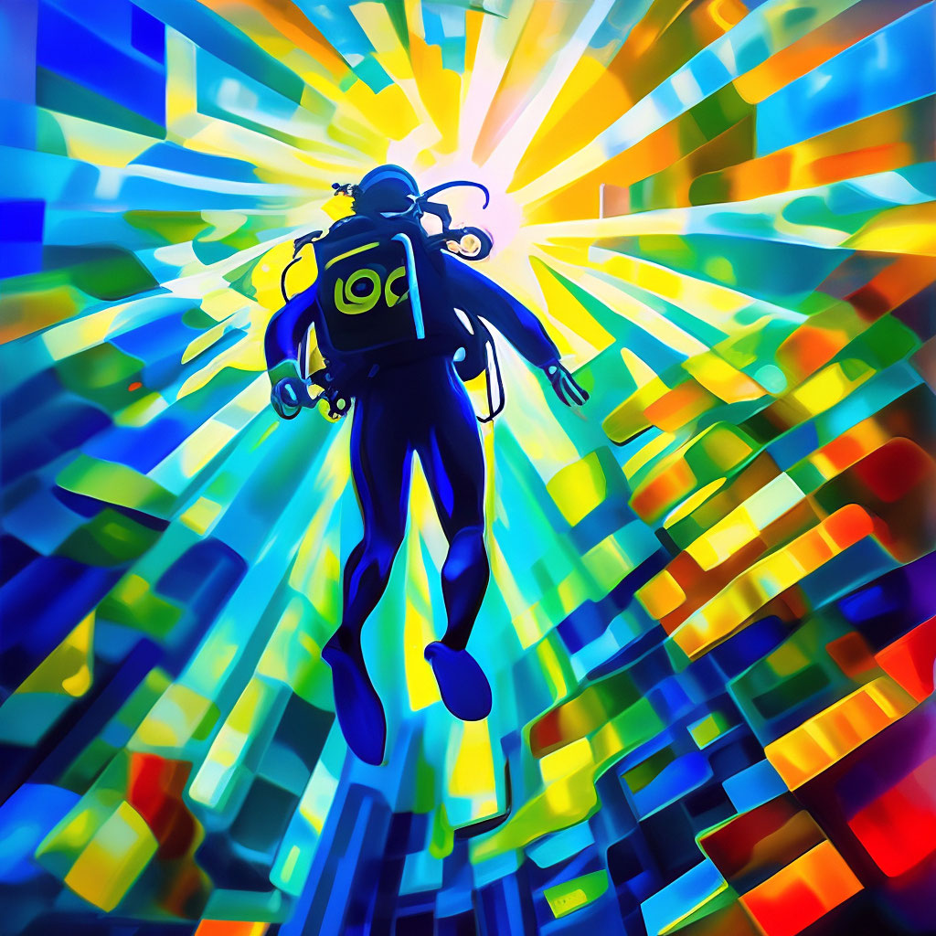 "A scuba diver dives into a beautiful seabed, the sun's rays pass ...