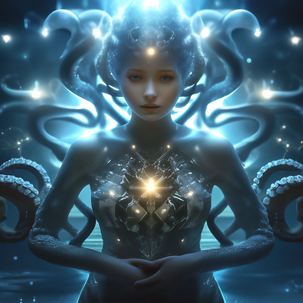 "Anthropomorphic octopus,woman, metamorphosis,fantasy,translucent,thin ...