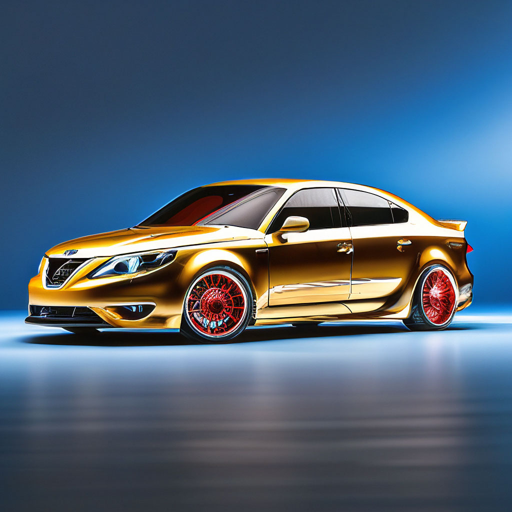 "Saab 9.3 aero, side view, golden car, red dmisks, blue background ...