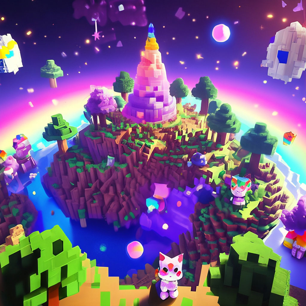 "Minecraft planet in space with purple lands and cats, with a rainbow ...