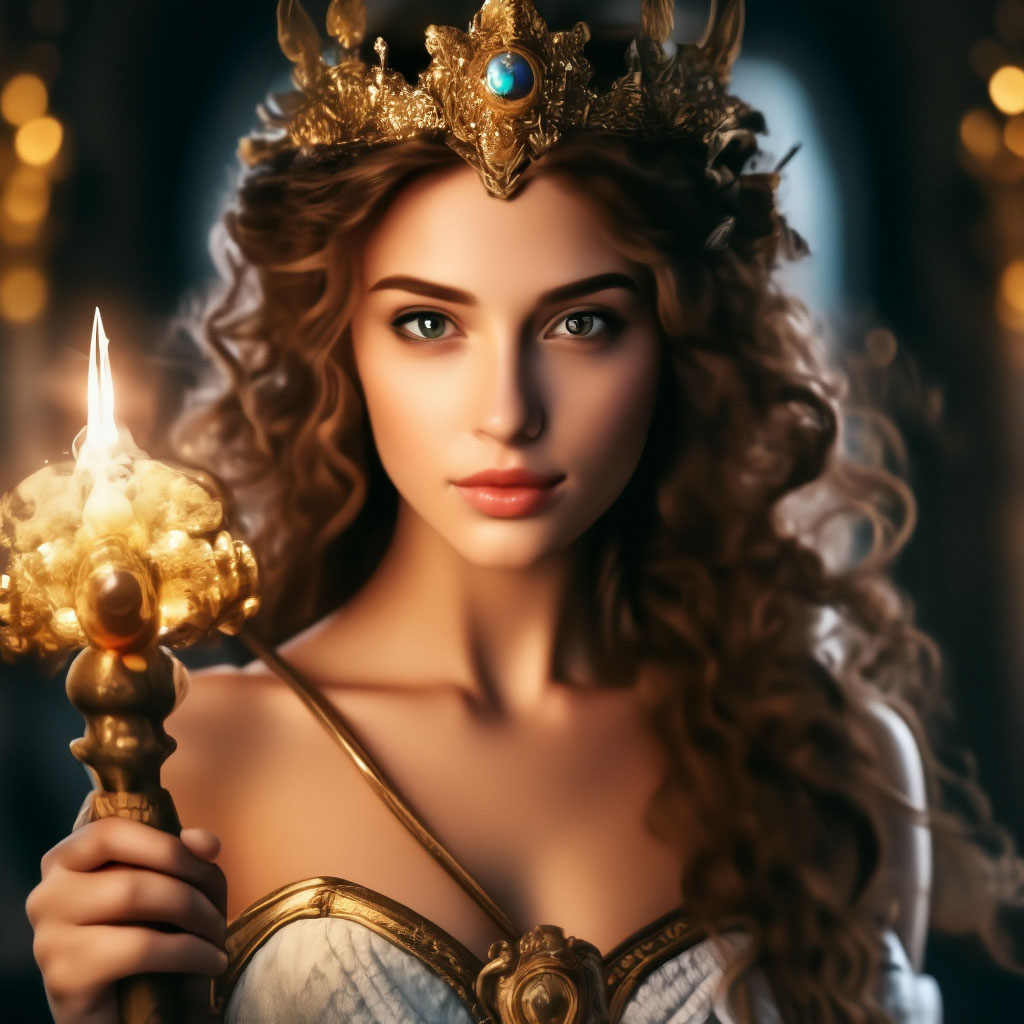"Hera in a mantle and tiara, big eyes glowing, holding a scepter with a ...