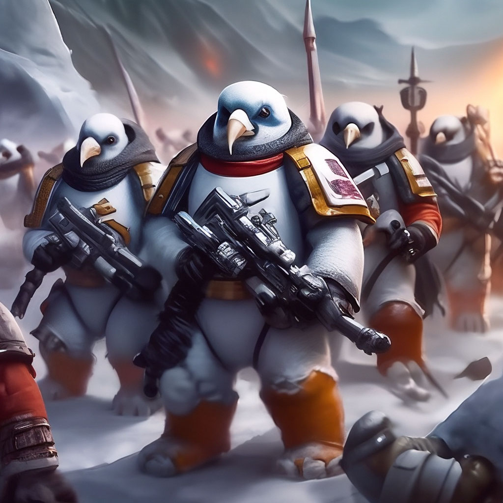 "Penguins space marines, Warhammer 40,000" — image created in Shedevrum