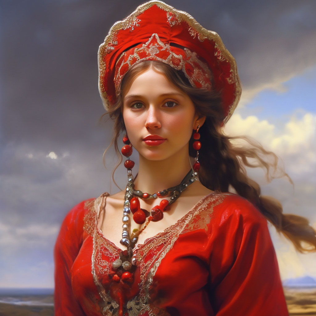 "A Russian beauty with brown hair braided, a kokoshnik on her head, a ...