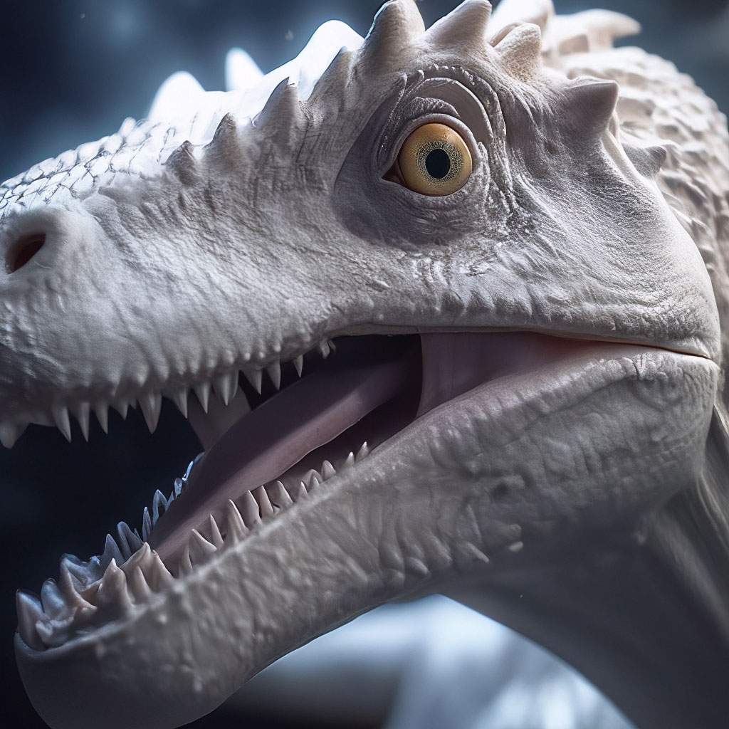 "Dinosaur, pale skin, white shimmer, hyperdetalization of the muzzle ...