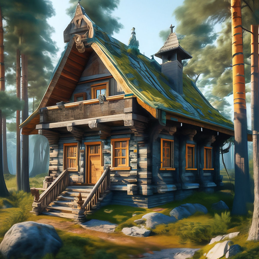 "Hyperdetalized Russian hut in the forest" — image created in Shedevrum