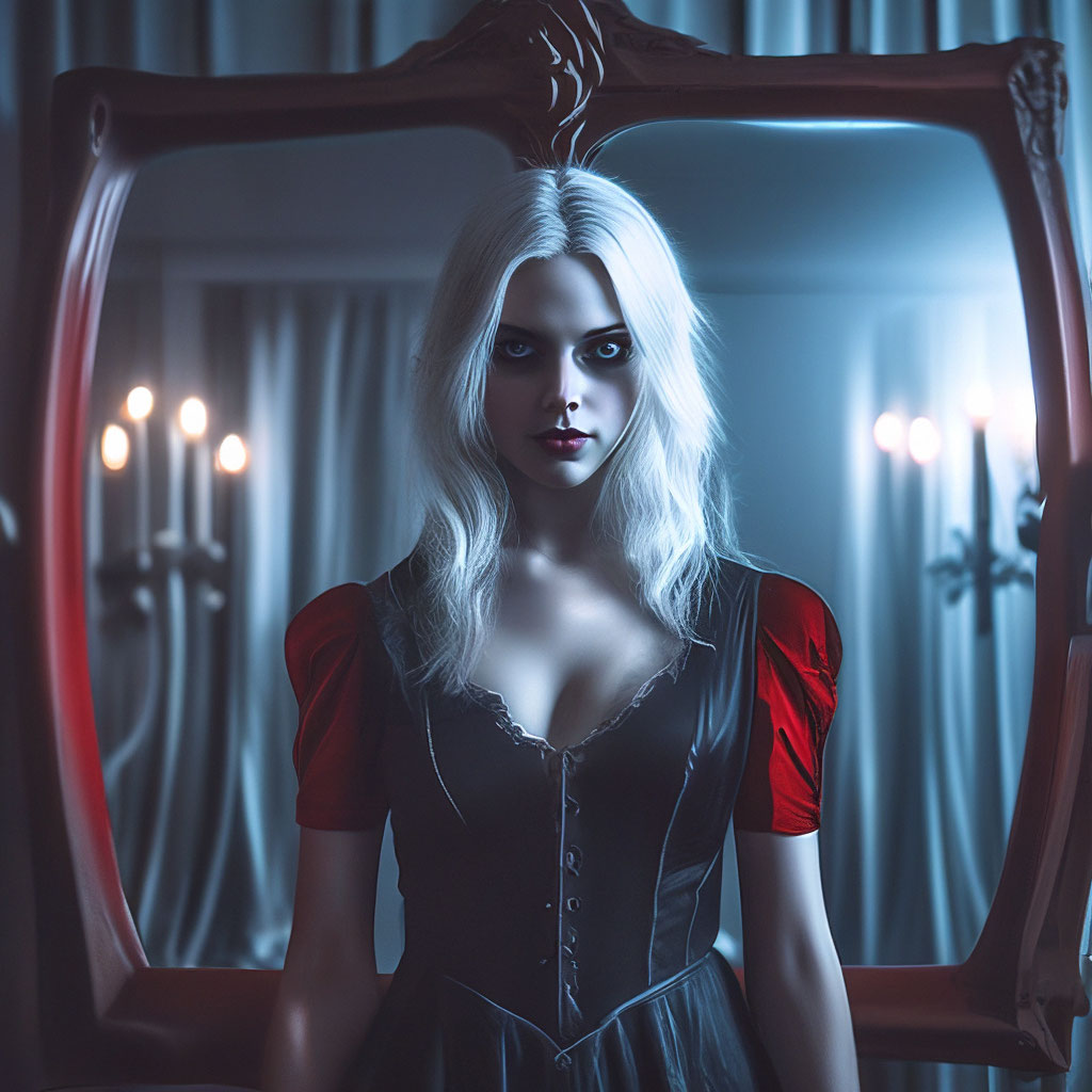 "A vampire girl with red eyes, white hair, stands at the mirror in a ...