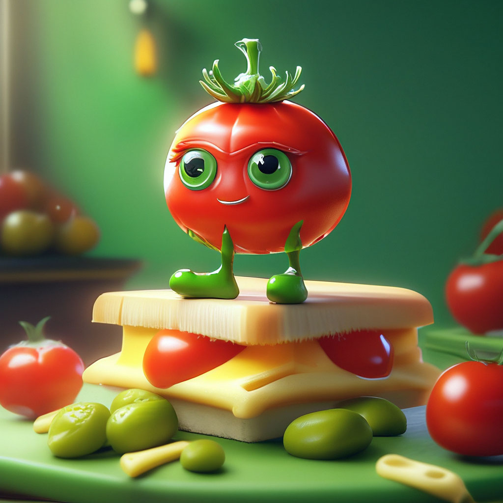 "The royal tomato is sitting on a large cheese sandwich with his legs ...