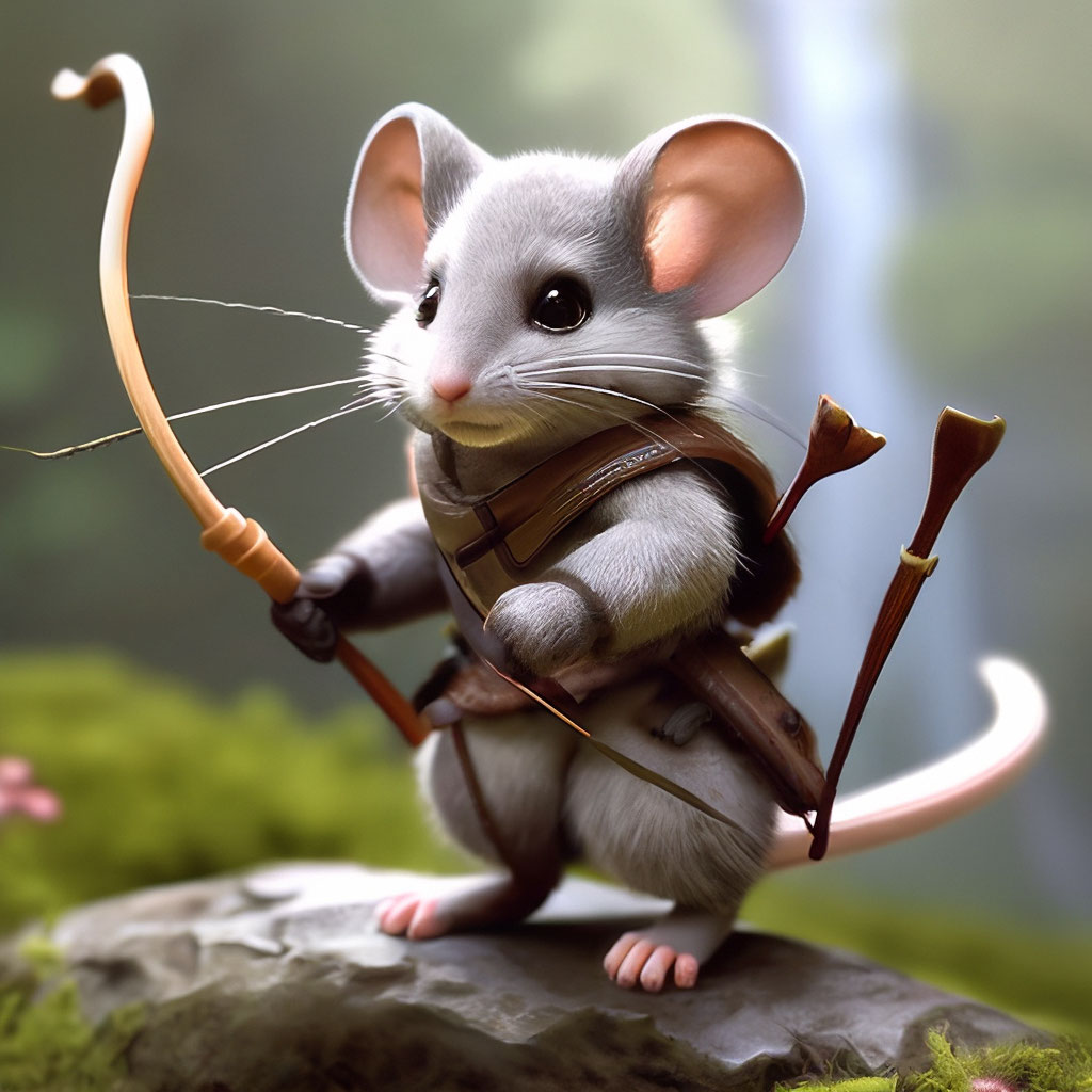 "Grey mouse, archer, game, fantasy, adventure, precise detail, beauty ...
