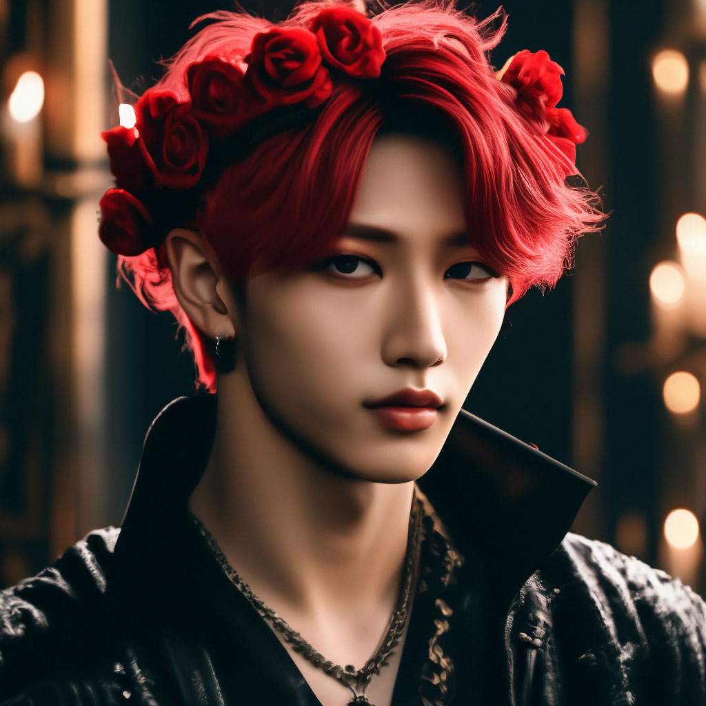 "Guy profile Felix skz red hair bangs crown black roses photorealism ...