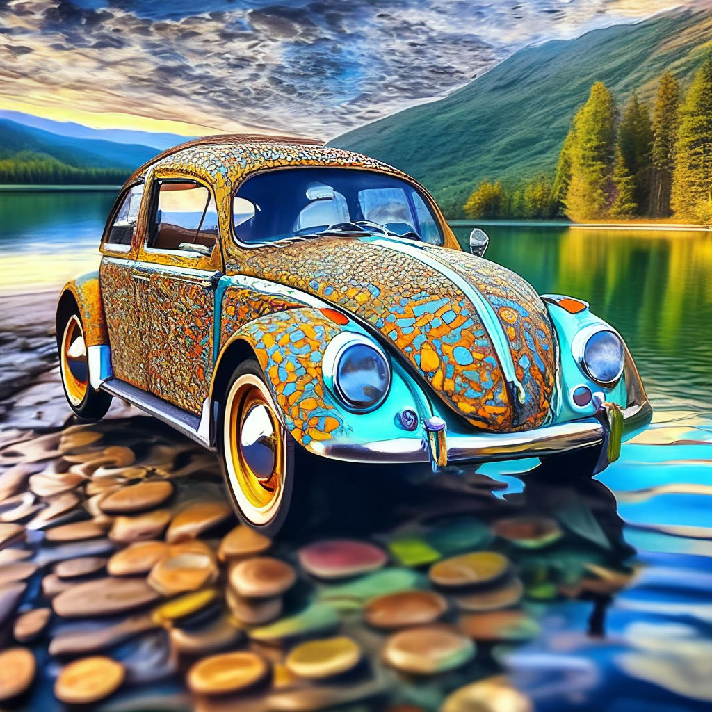 "An old car beetle car on the lake, zentangle art. Masterpiece ...