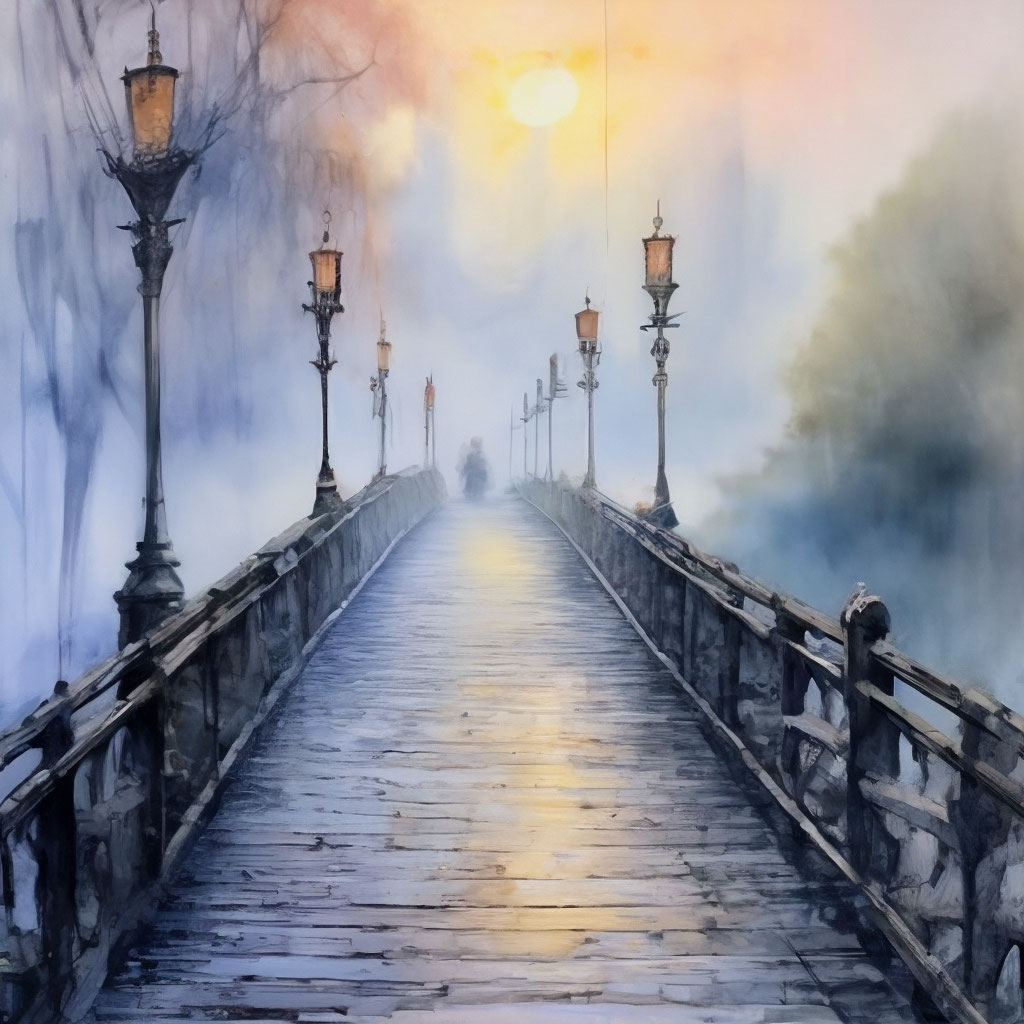"The bridge over the river in the fog watercolor drawing with fine ...