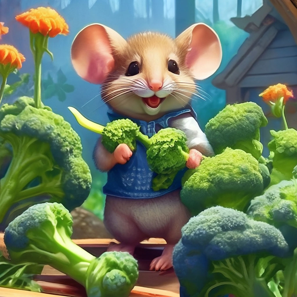 "Anthropomorphic cute mouse takes care of broccoli in the garden ...