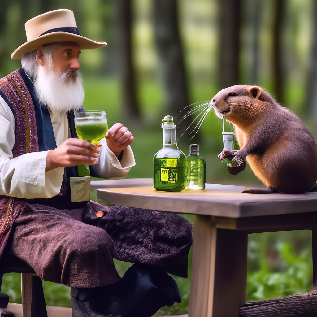 "An alcoholic drinks absinthe and eats a pickled cucumber from a jar ...