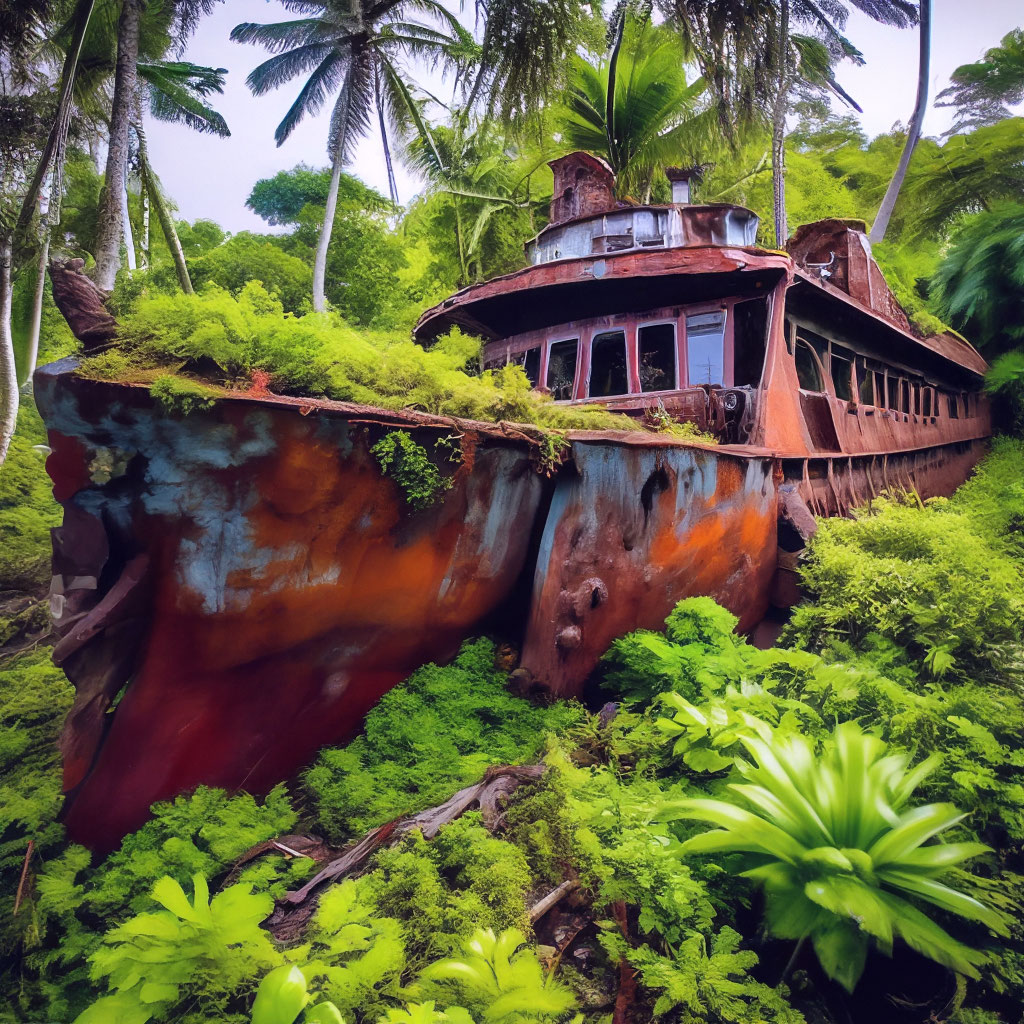 "A large rusty rotten abandoned motor ship stranded near a tropical ...
