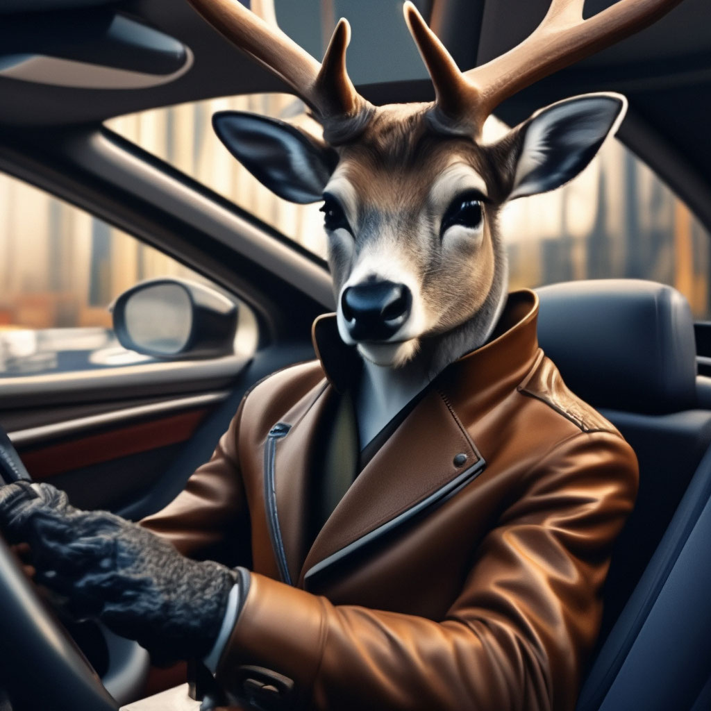 "Anthropomorphic deer driving an expensive car, detailing, elaboration ...