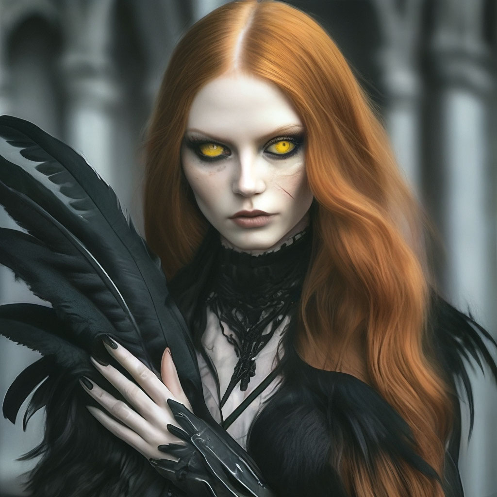"Skinny pale red-haired girl in a suit of black Gothic feathers ...