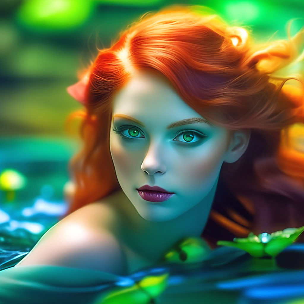 "Red-haired, green-eyed mermaid nymph, in the Ocean , fantasy, super ...