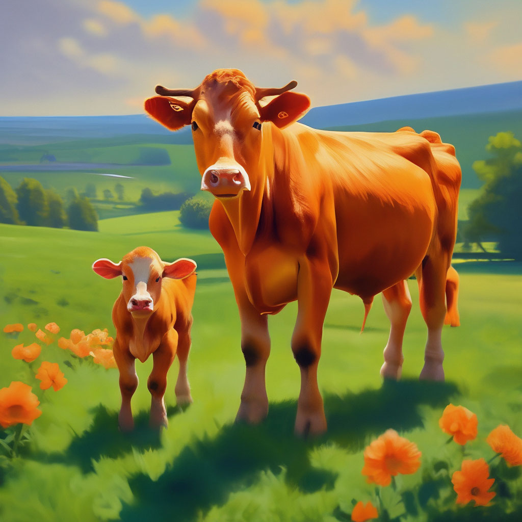 "Beautiful orange cow next to a small calf realistic sunny green all ...