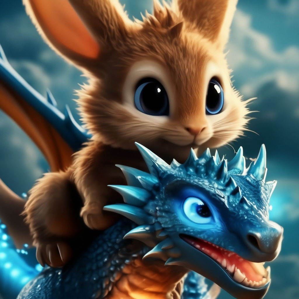 "A tiny cute bunny is flying on a gorgeous cartoon-style dragon with ...