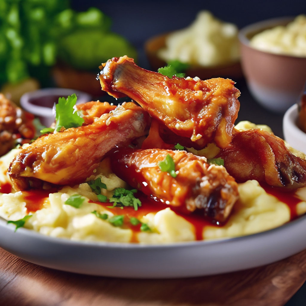 "Fried, juicy wings on mashed potatoes doused with sauce and sprinkled ...