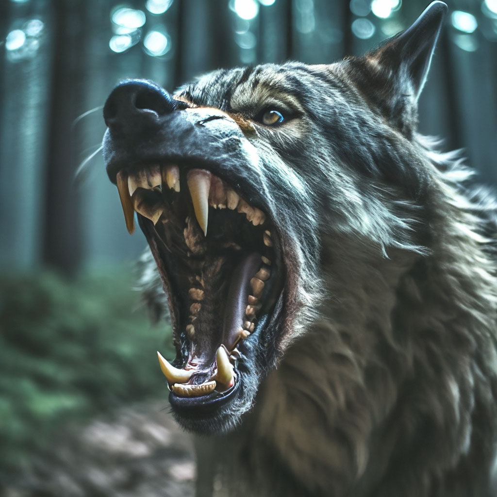 "Angry wolfman, slime in all directions, drool, big teeth, in the ...