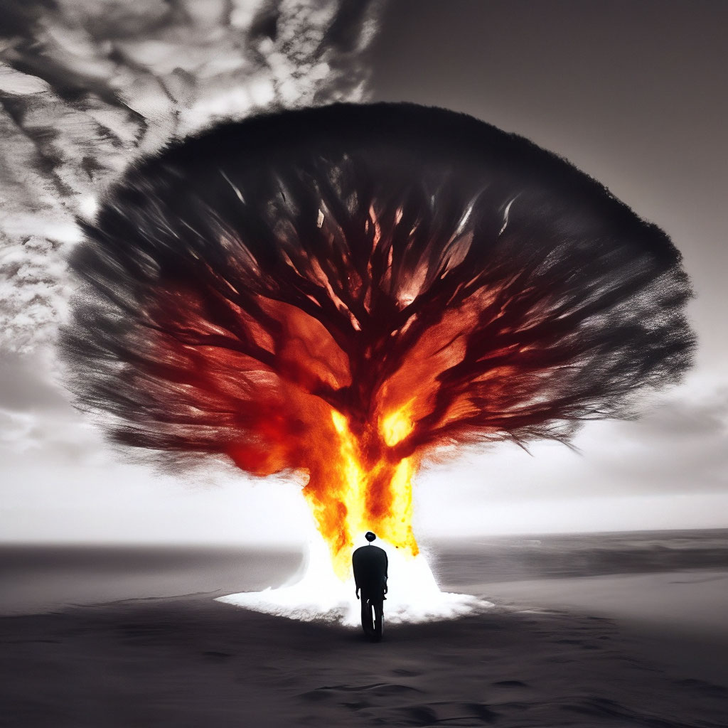 "A bald man is burning on a huge tree" — image created in Shedevrum