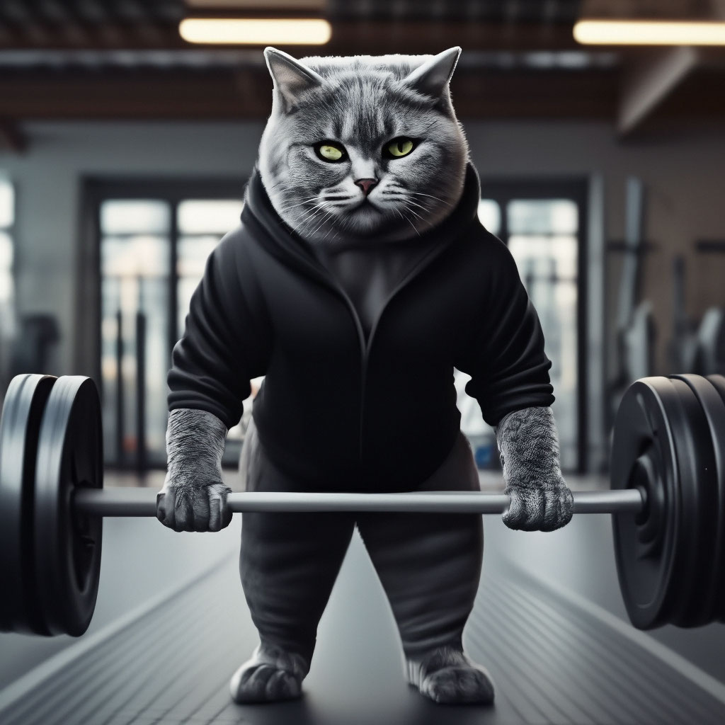 "Anthropomorphic, black british cat,in a tracksuit, in the gym, lifting ...