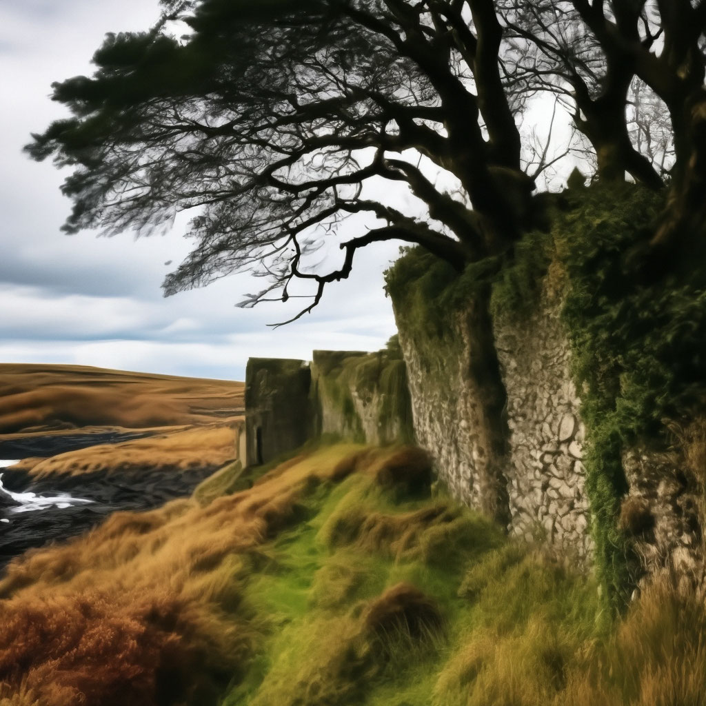 "An ancient ruined overgrown rampart in the north of Scotland, trees ...