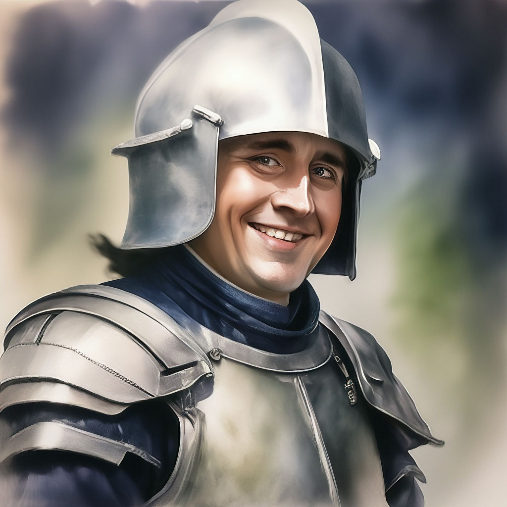 "Professor Snape, smiling, wearing a large white helmet, wearing armor ...
