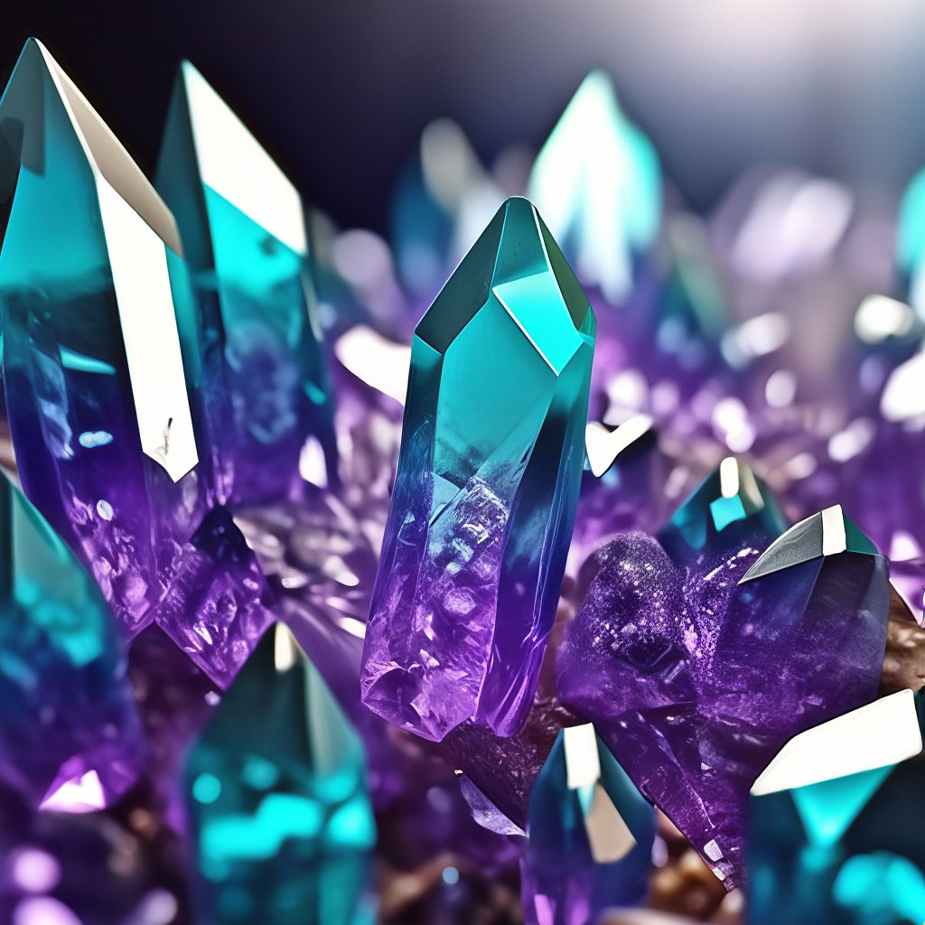 "Crystals turquoise, purple, macro shooting, professional photo, 32k ...