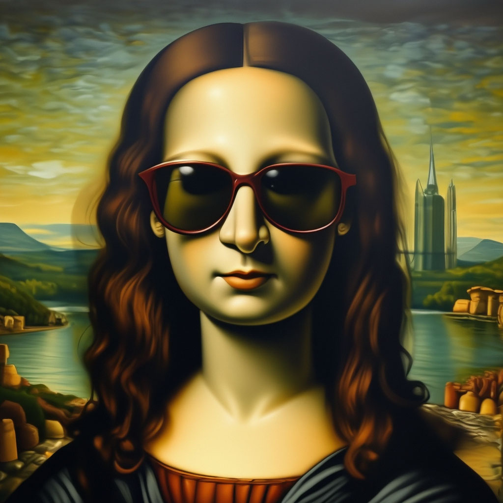 "Mona Lisa in black Ray Ban glasses, grotesque in the style of Vasya ...