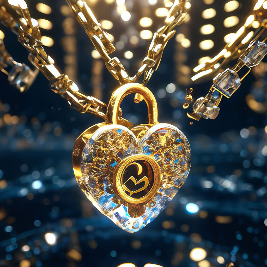 "A piece of the soul in a transparent vacuum on a lock with gold chains ...