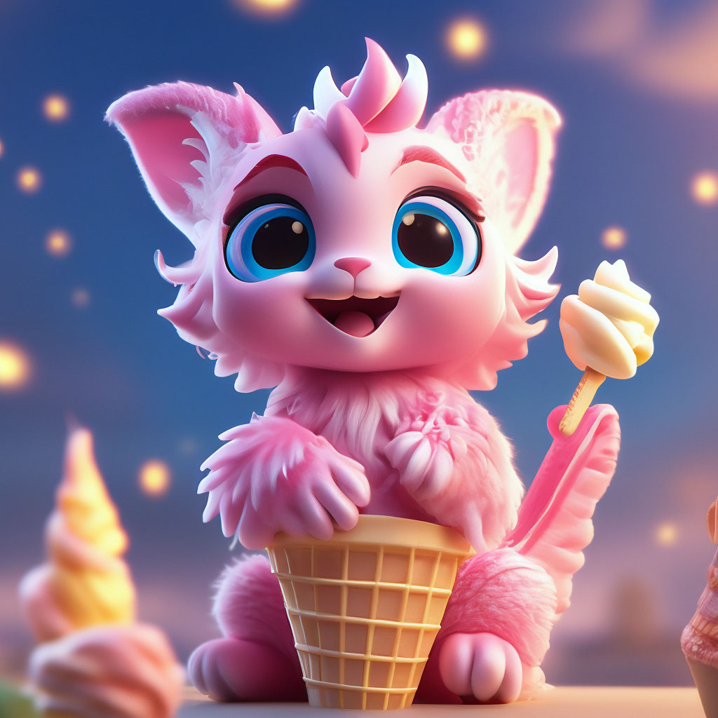 "💐🍨🪻 super cute creature, pixar style,pink with ice cream cute,top-down ...