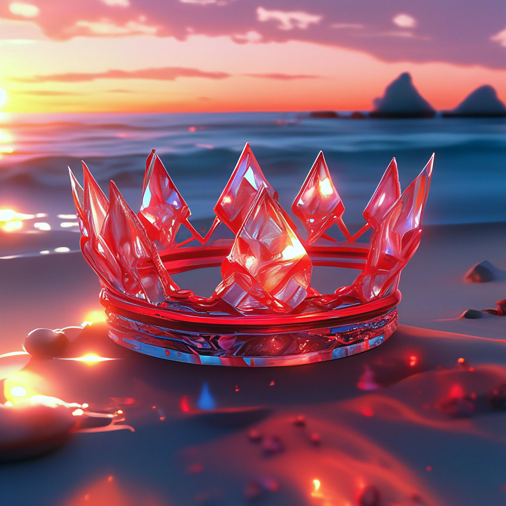 "Crystal crown on the shore, sea background, sunset, red shades, glow ...