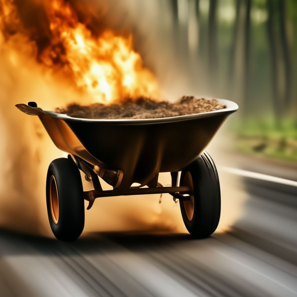 "A wheelbarrow is driving fast along the road. Fire, speed, detail of ...