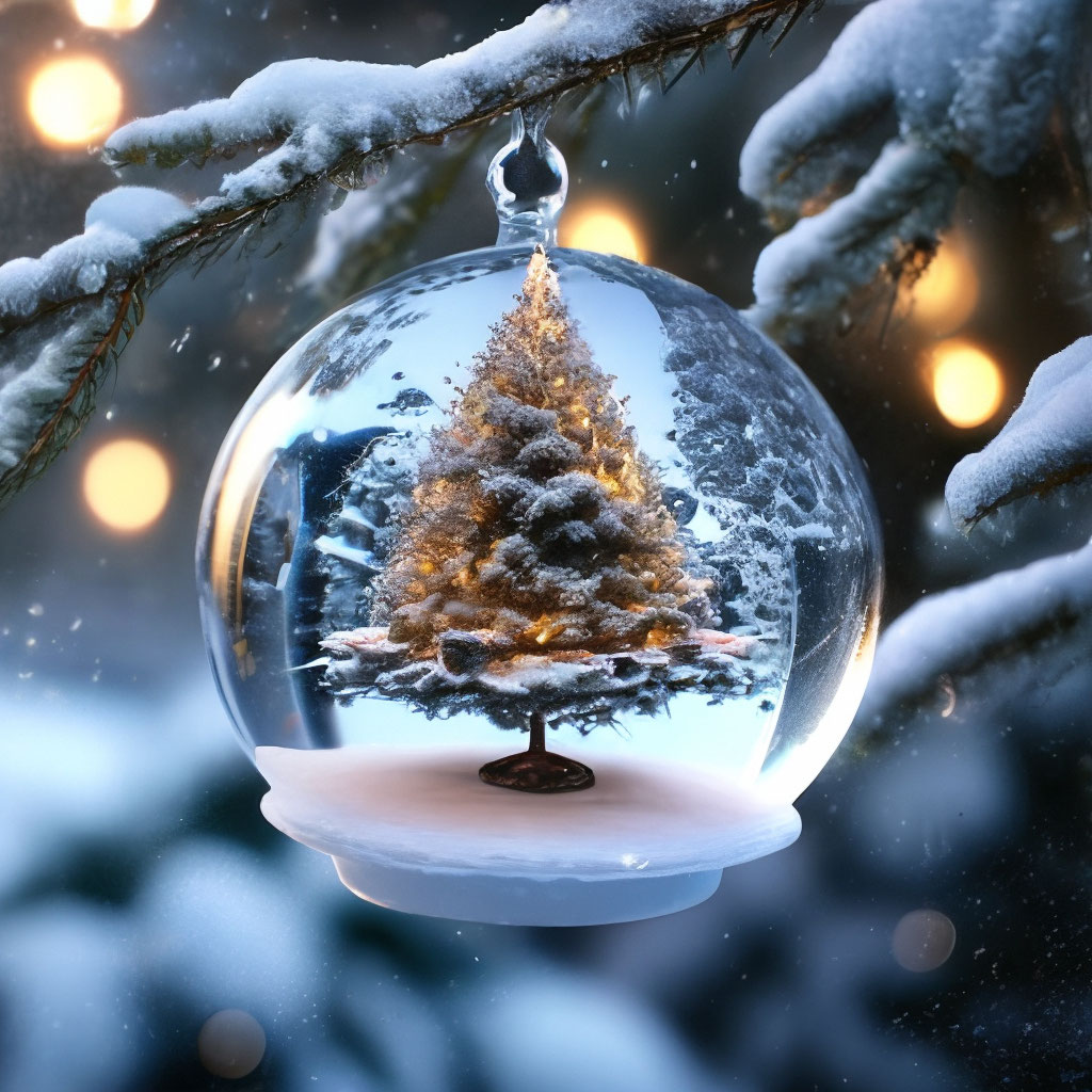 "Christmas tree in a crystal ball suspended from a tree branch, high ...