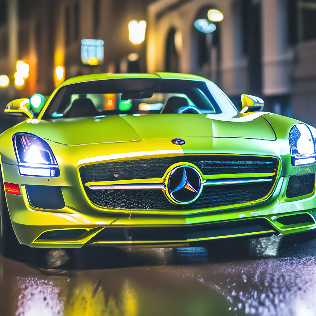 "SLS AMG 2013 lime-colored xenon headlights after rain, aesthetically ...