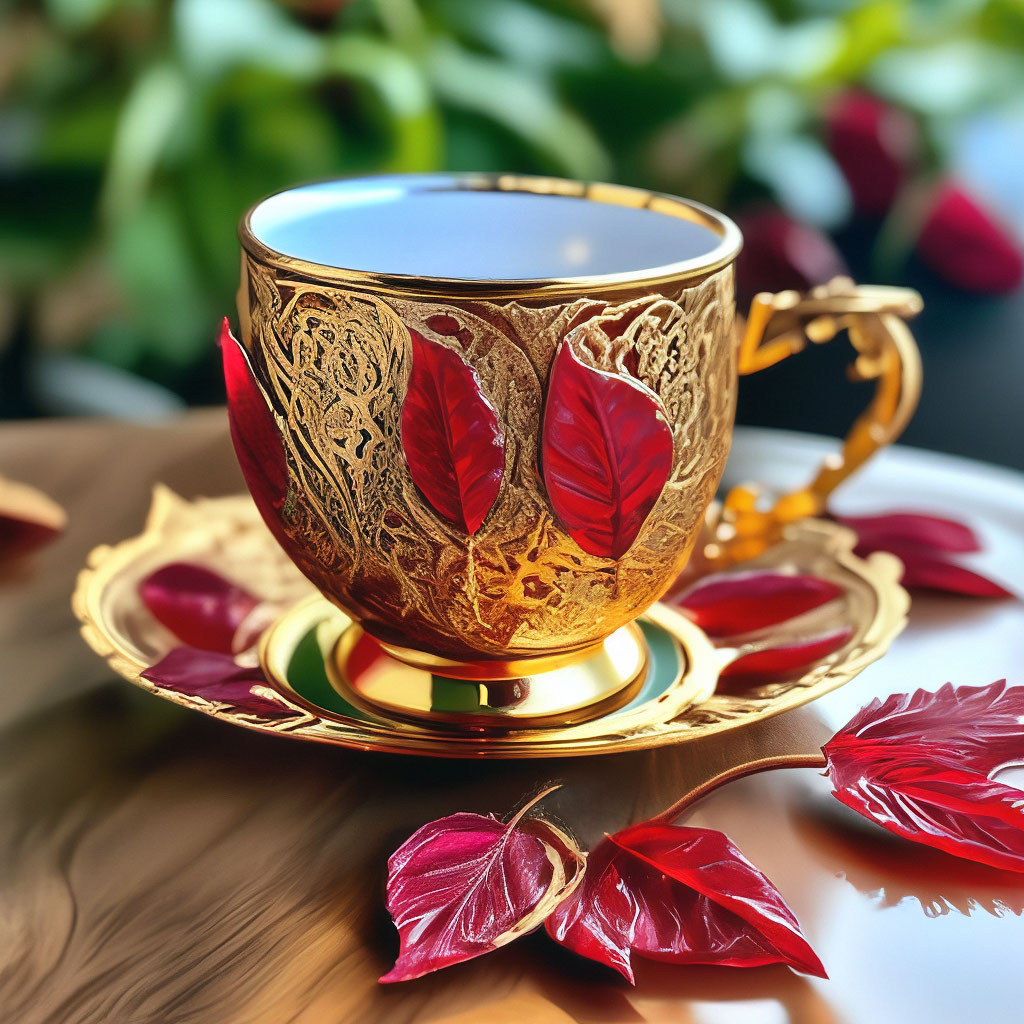 "🔮 realistic tea cup made of ruby leaves in a gold filigree frame ...