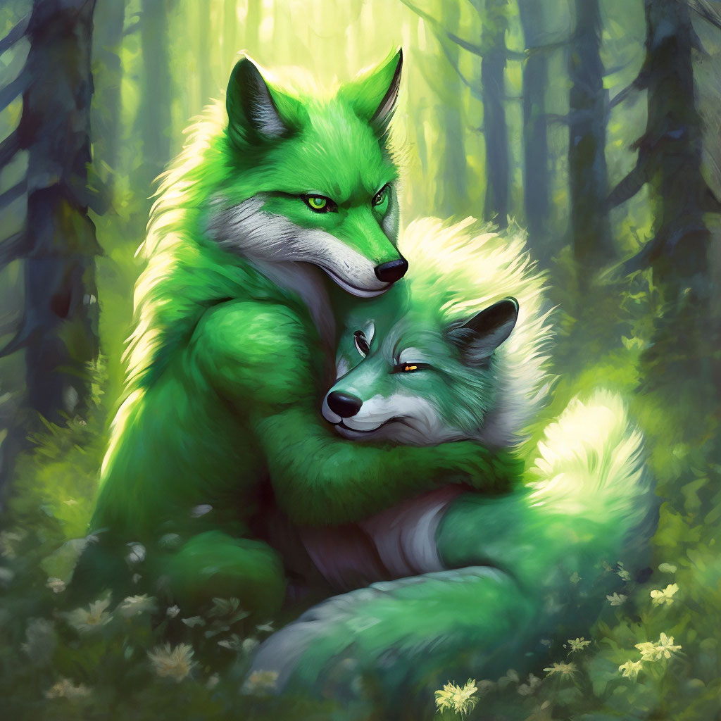 "The wolf hugs the green fox" — image created in Shedevrum