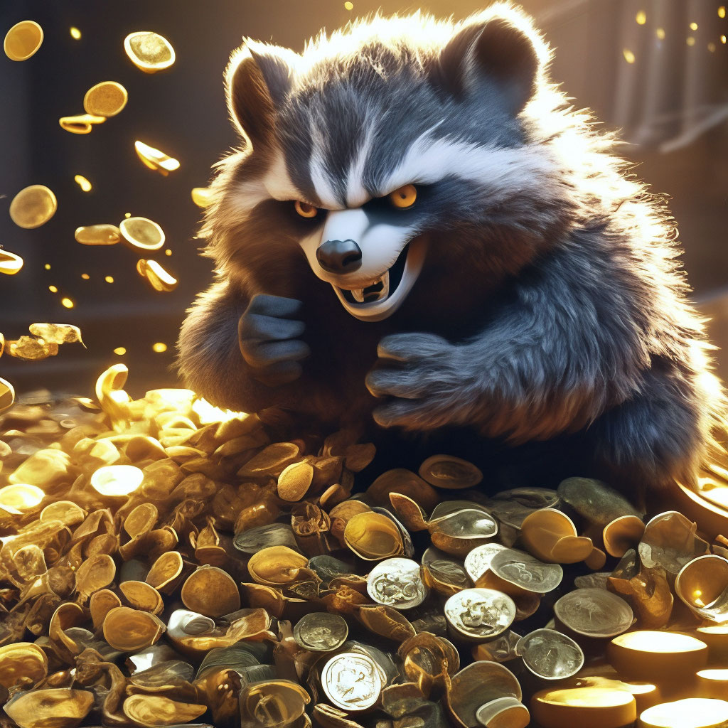 "A greedy, evil furry creature rakes a bunch of gold coins-my charm is ...