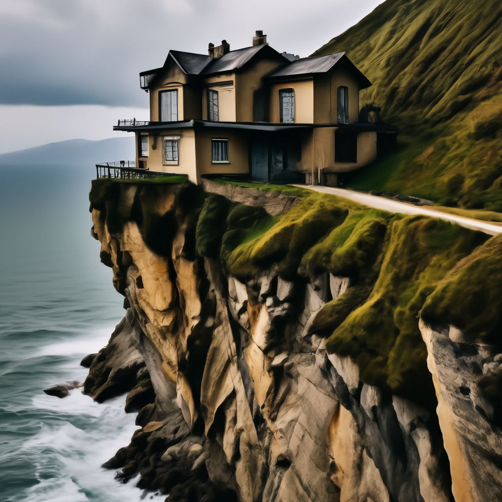 "A house hanging on a cliff Photo" — image created in Shedevrum