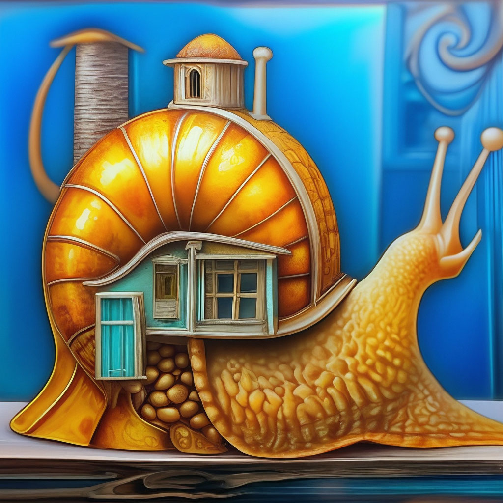 "Snail, shell in the form of a house with windows, doors and a pipe ...