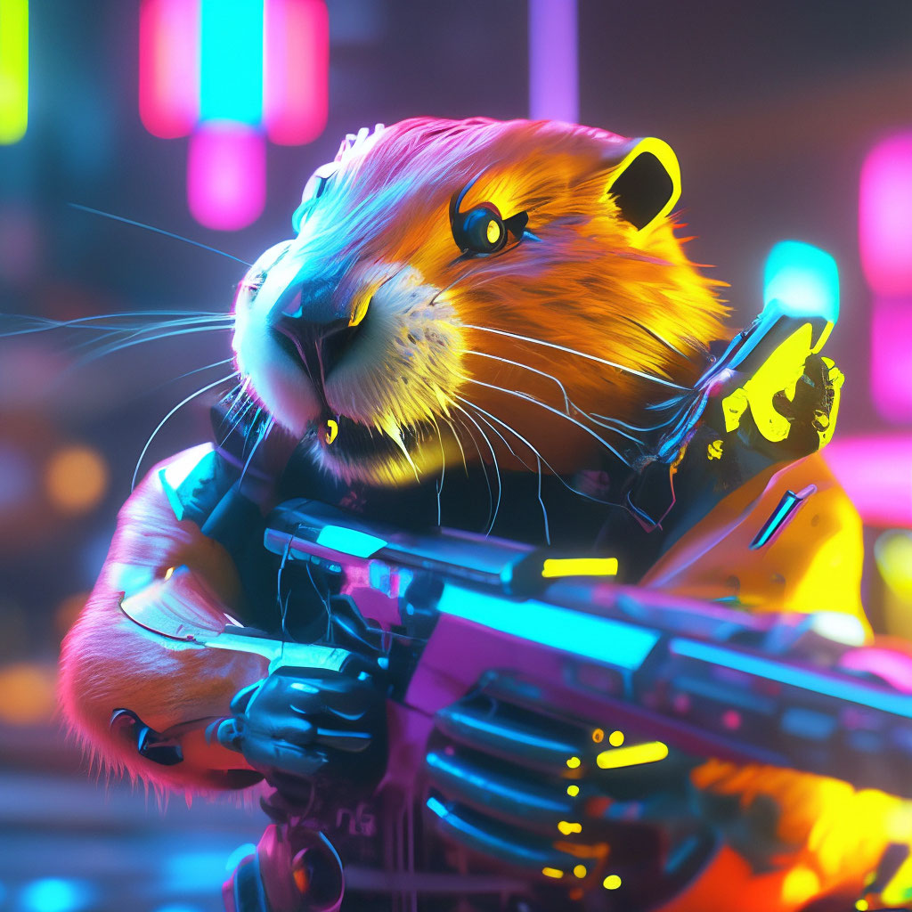 "Beaver cyborg, shooting, angry face cyberpunk, bright neon colors ...