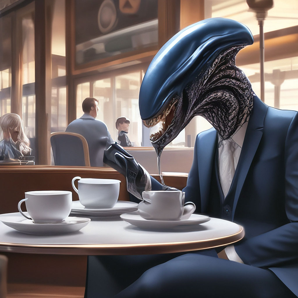 "A xenomorph in an elegant suit is sitting in a coffee shop with a mug ...