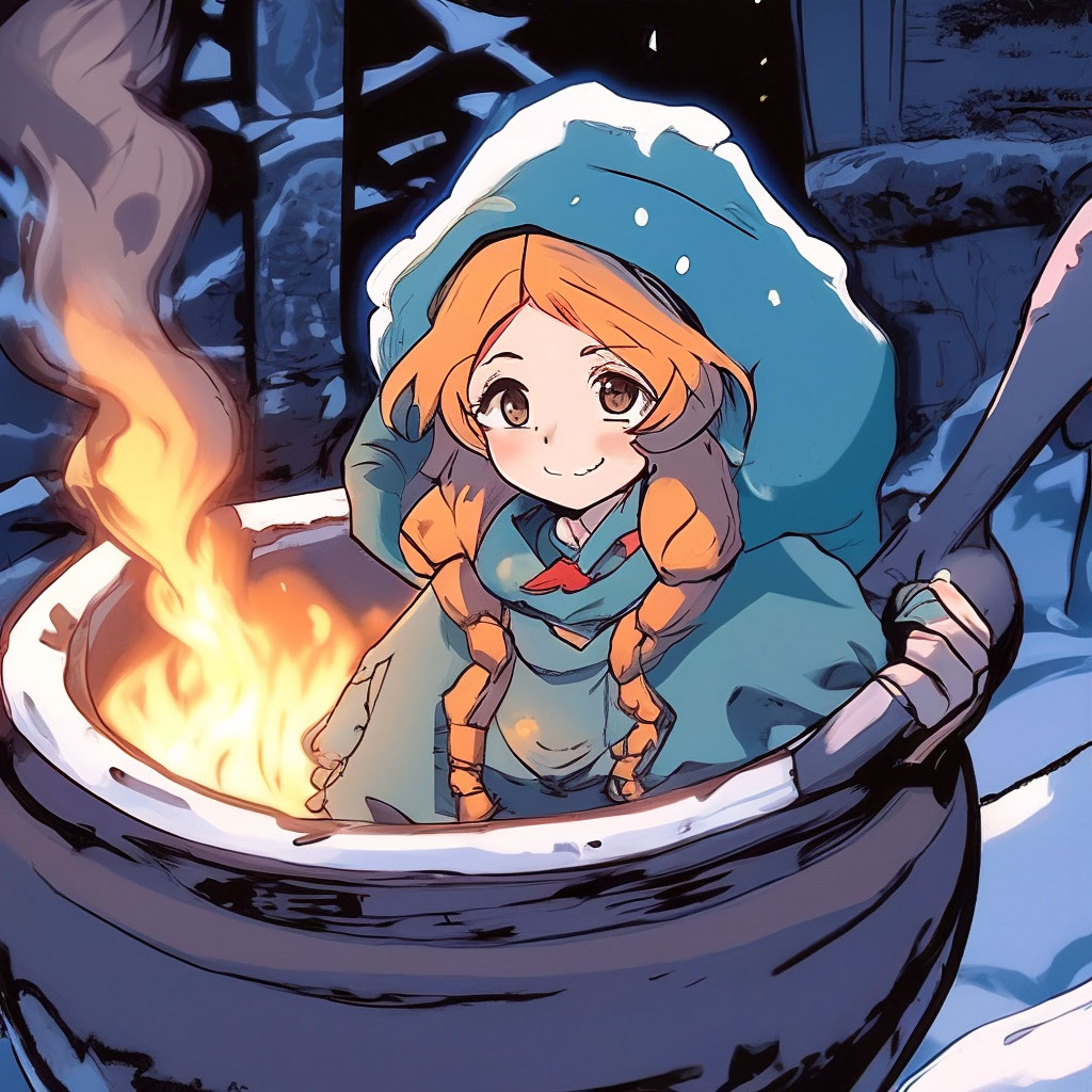 "Baba Yaga in a mortar with cold, in a comic drawing, , in anime style ...