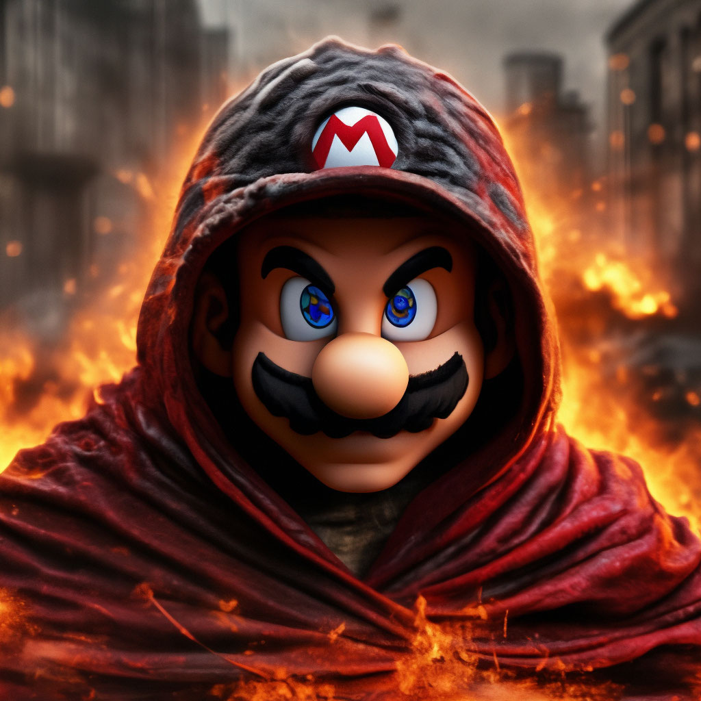 "Mario from the apocalypse, horror, fear, cloak, fiery trail behind ...